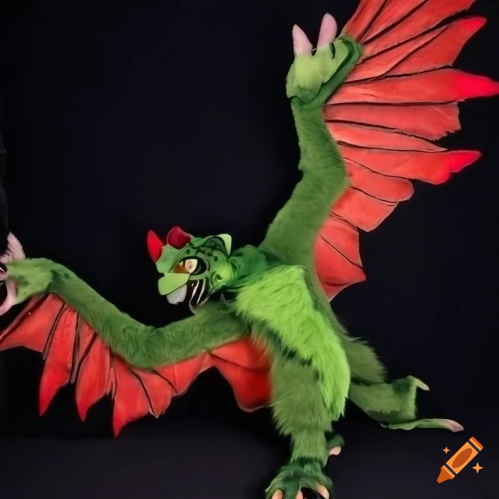 Green wyvern fursuit with red horns and lime wings on Craiyon