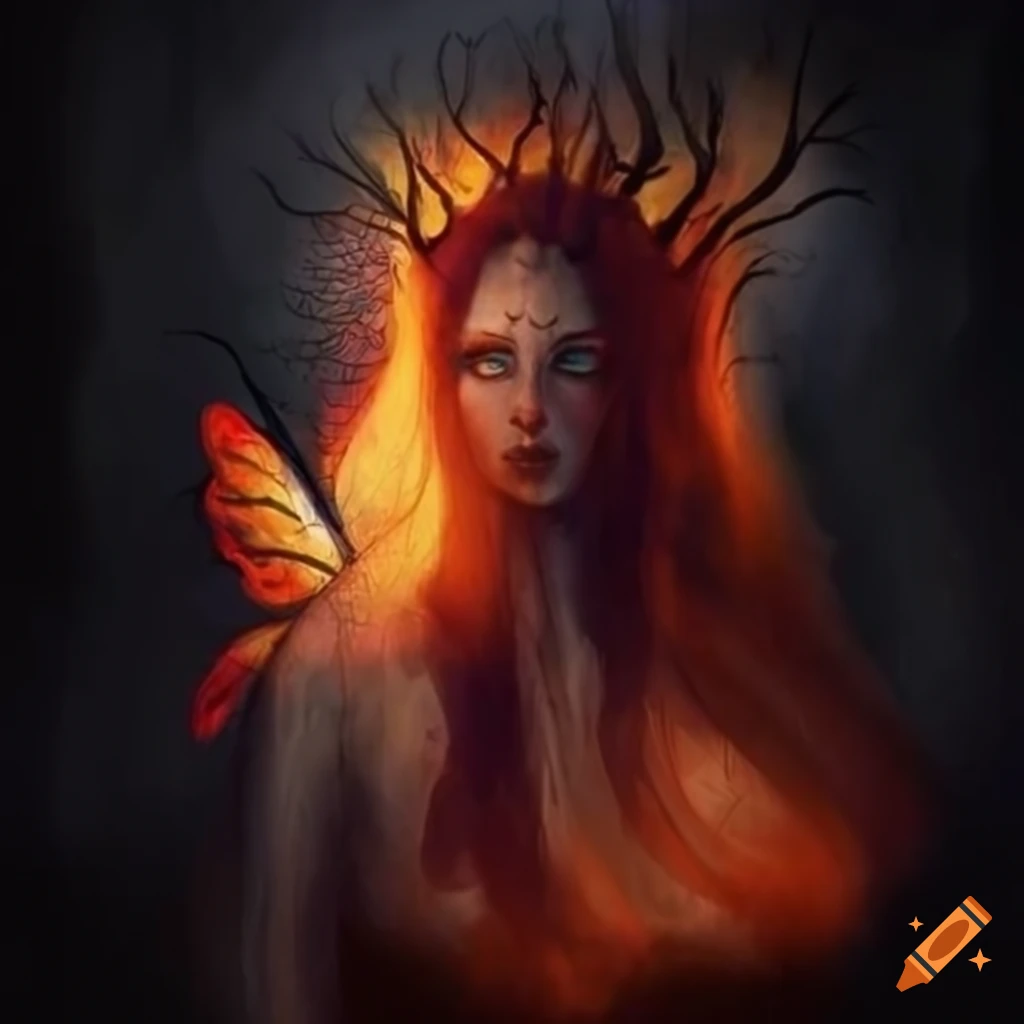 Dark artwork of fairy queen titania in a burning forest