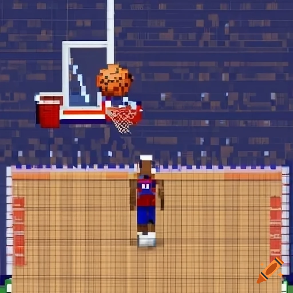 Digital art of a pixelated basketball player slam dunking on Craiyon