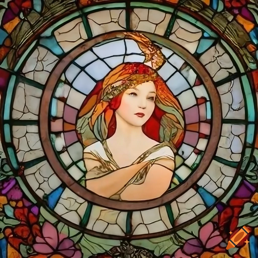 Symmetrical stained glass window featuring woman with flowing hair on ...