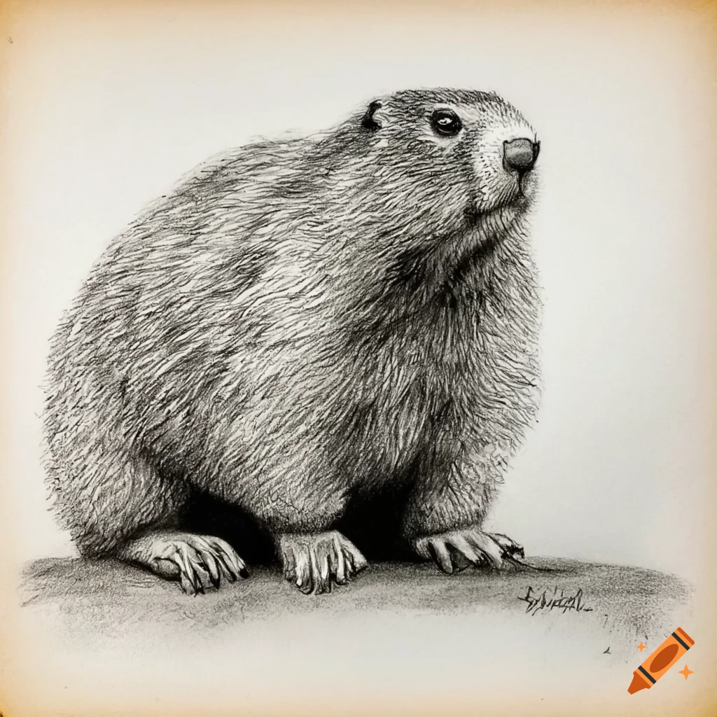 Realistic pencil drawing of a marmot in nature