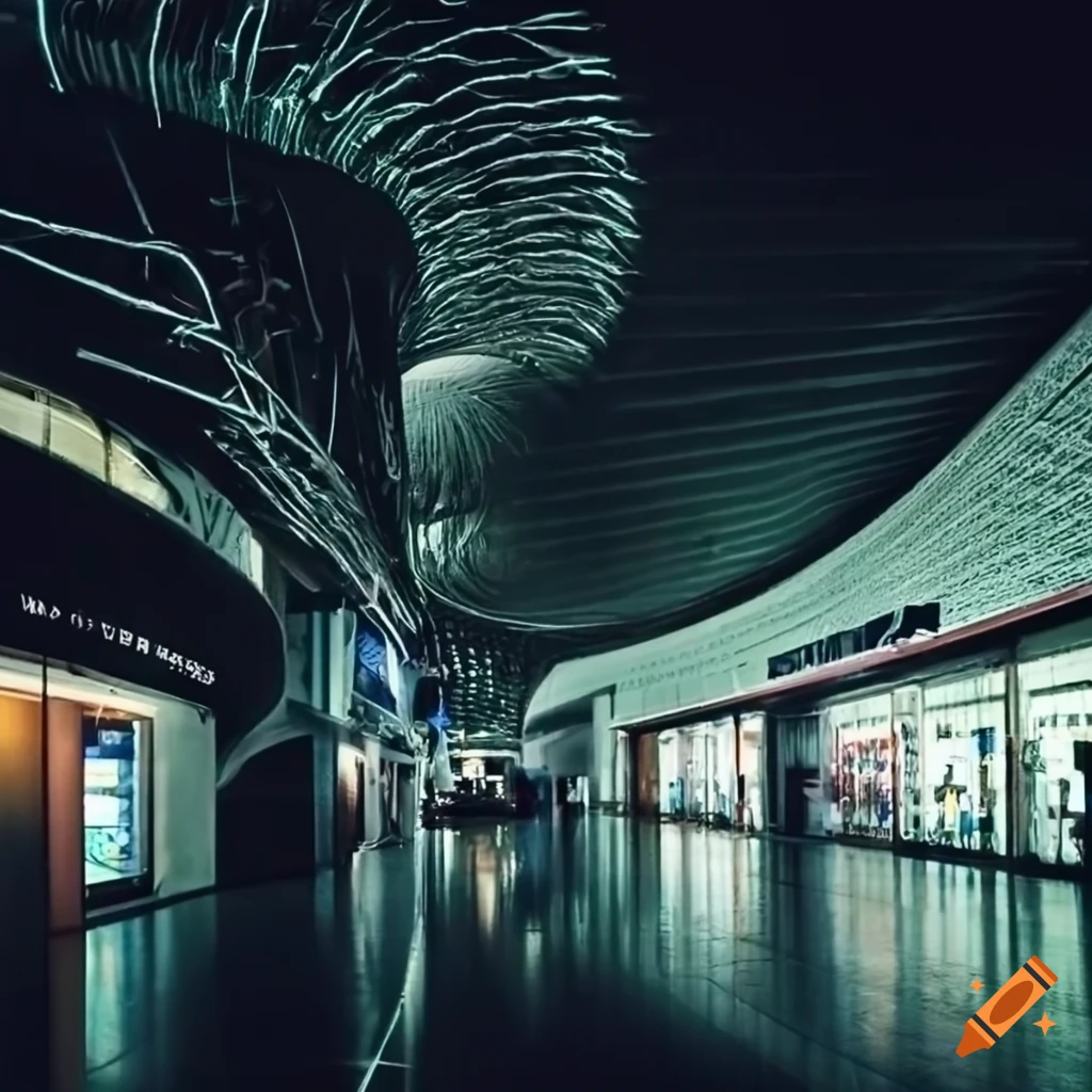 Sci-fi airport lounge with alien theme