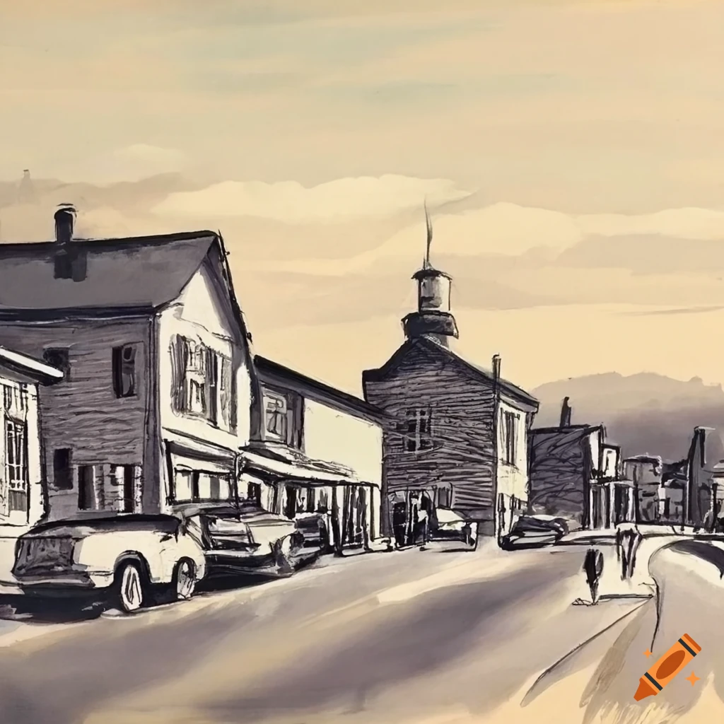 Black and white sketch of a 1950s small town on Craiyon