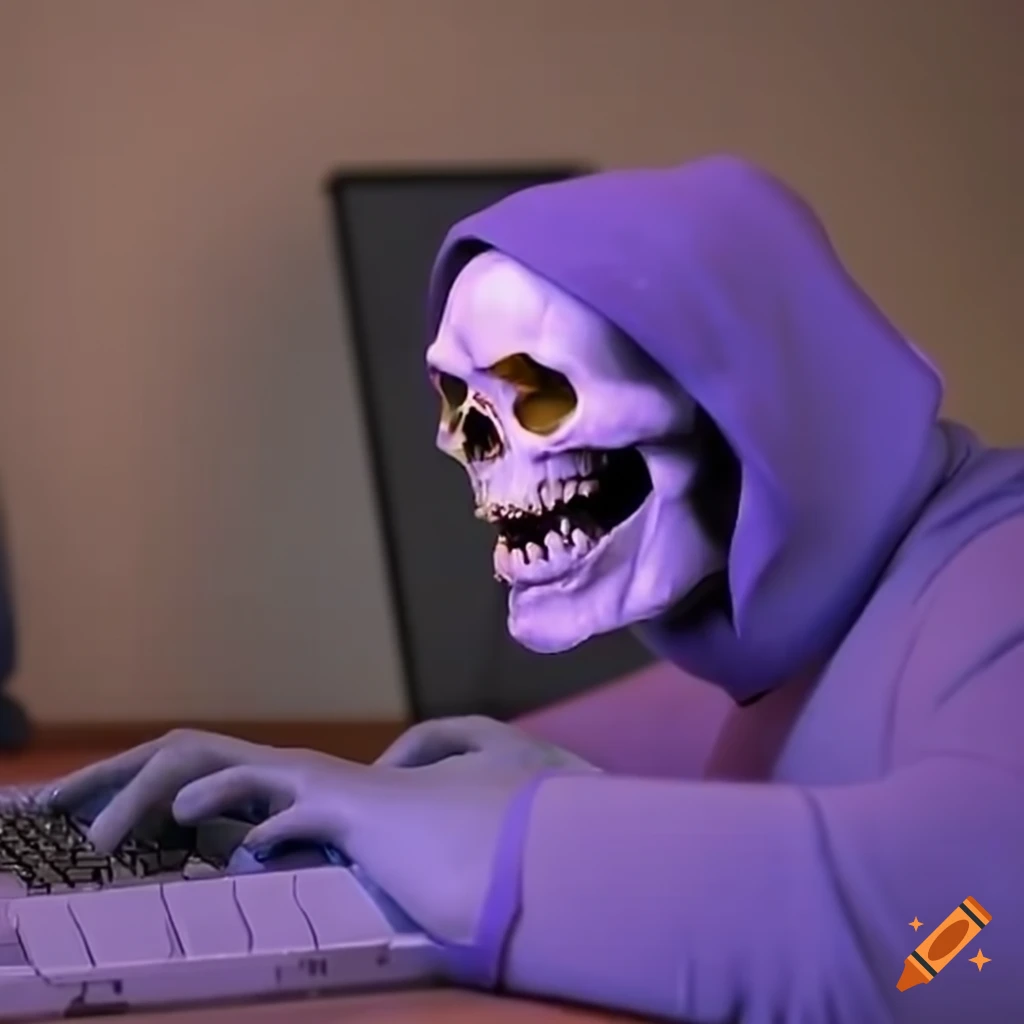 Image of skeletor using a computer
