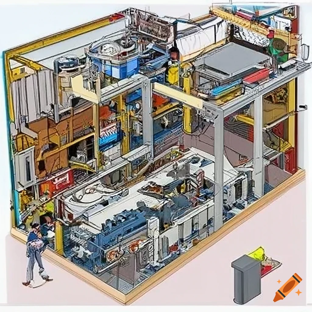 Technical drawing of a factory cutaway on Craiyon