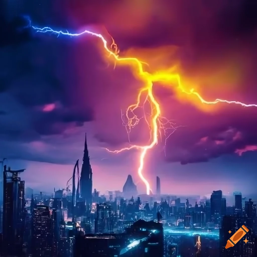 Cyberpunk cityscape during a thunderstorm