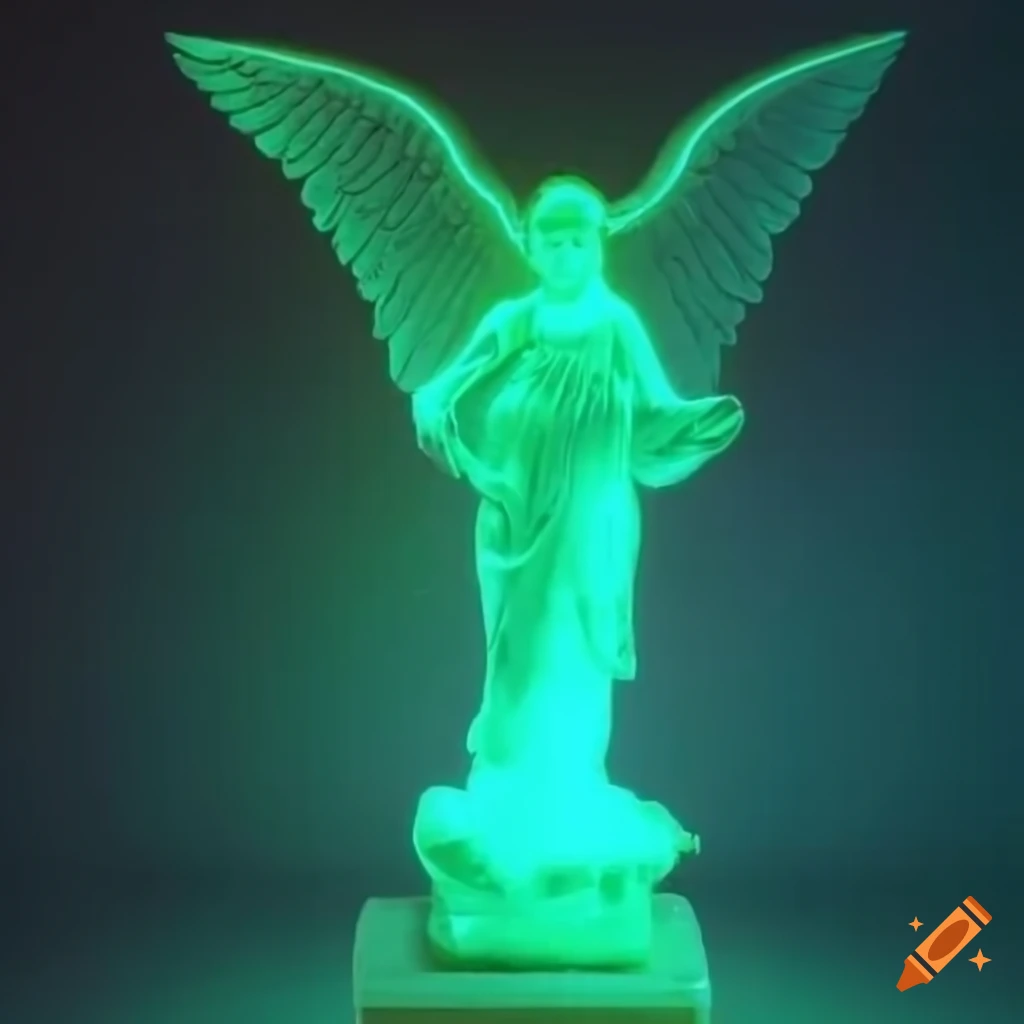 An inky black void with glowing green wireframes depicting a wise woman ...