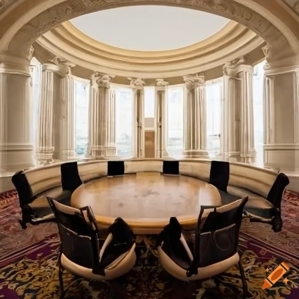 Round meeting room with marble roman pillars on Craiyon