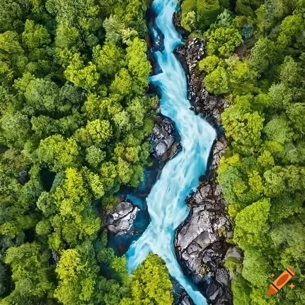 Aerial view of a river flowing through a forest on Craiyon