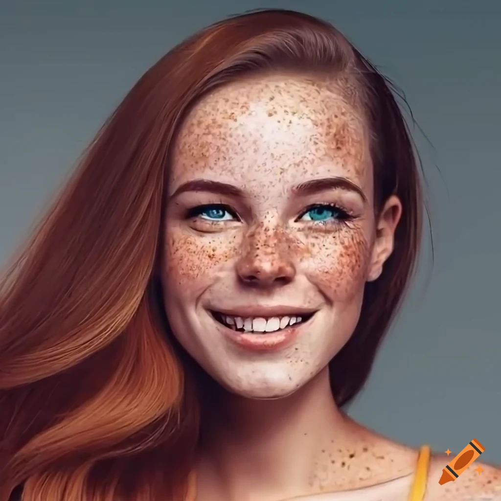 Portrait of a beautiful young woman with freckles and chestnut hair on ...