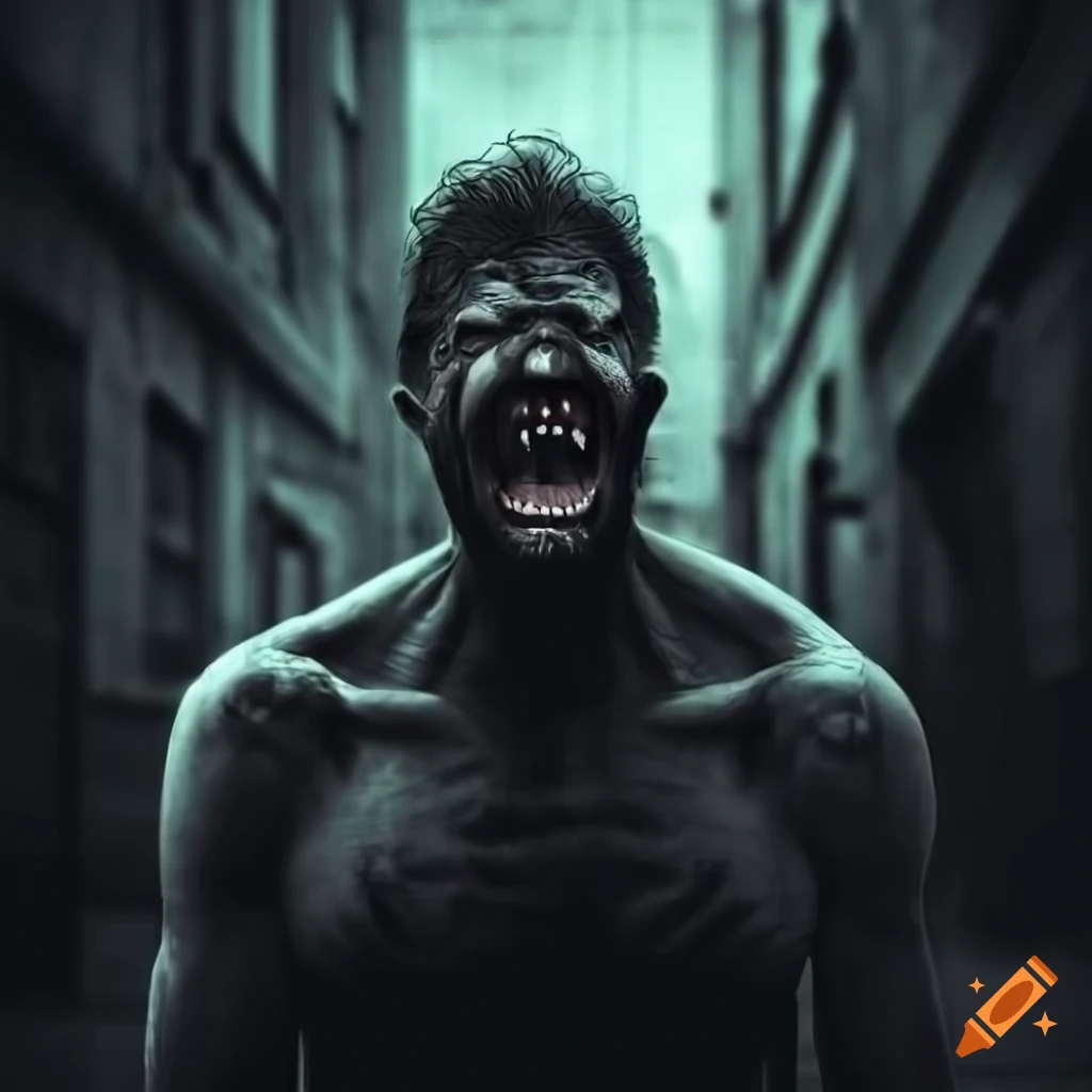 Description of a terrifying man in a dark alleyway on Craiyon