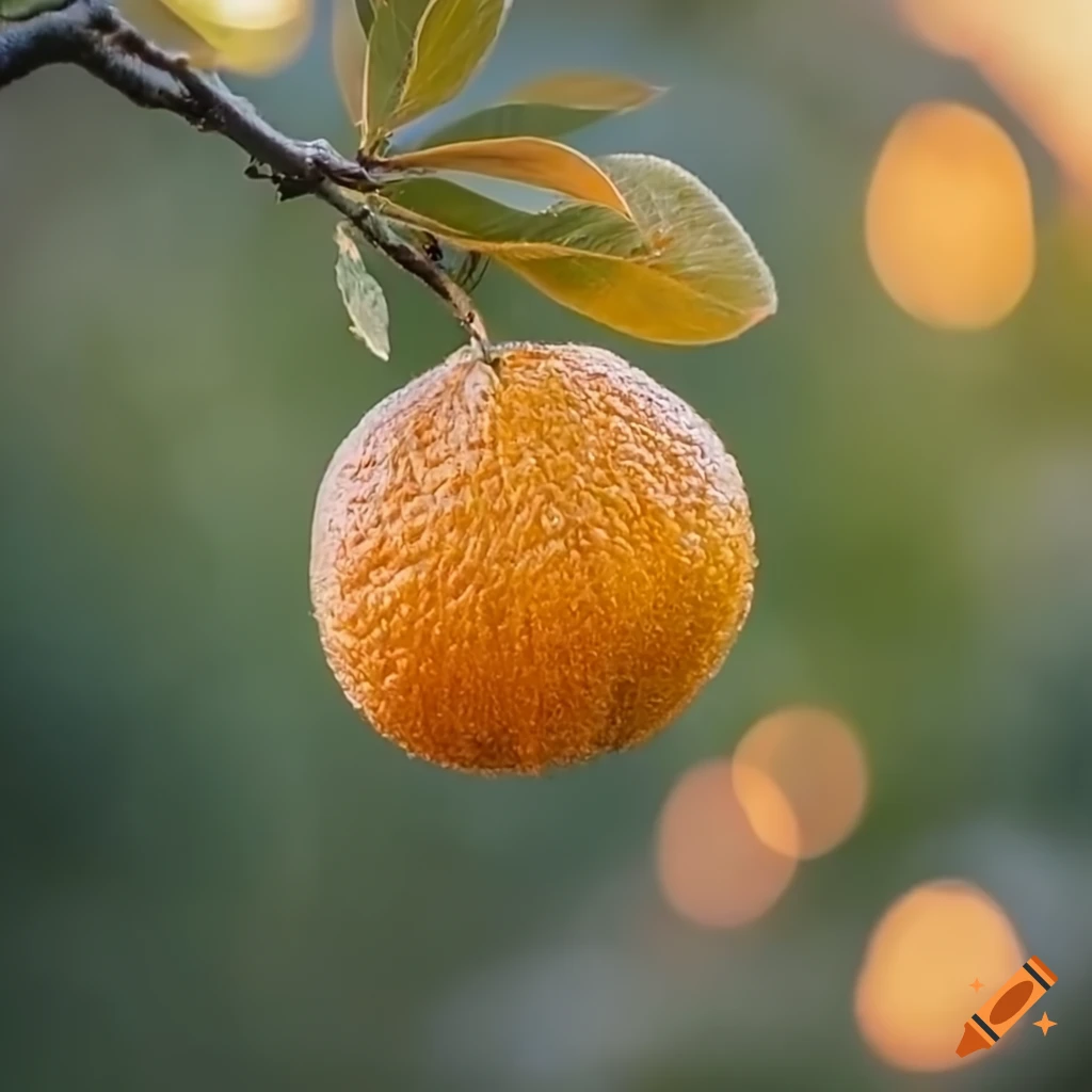 Golden hour photography of an orange on a branch