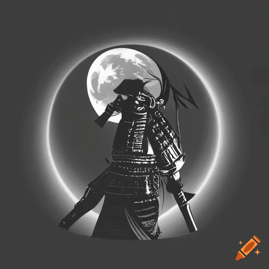 Black and white illustration of a samurai cutting the moon in half on ...