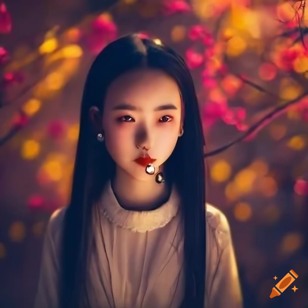 Asian girl with long pink hair wearing blue fur coat on Craiyon