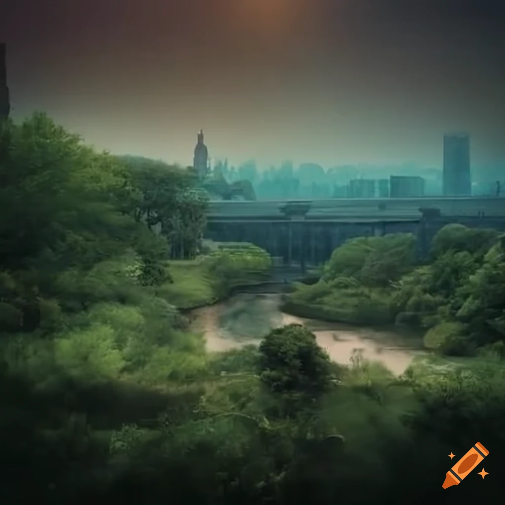 Worn down abandoned buildings sinking into water in thick fog and ...