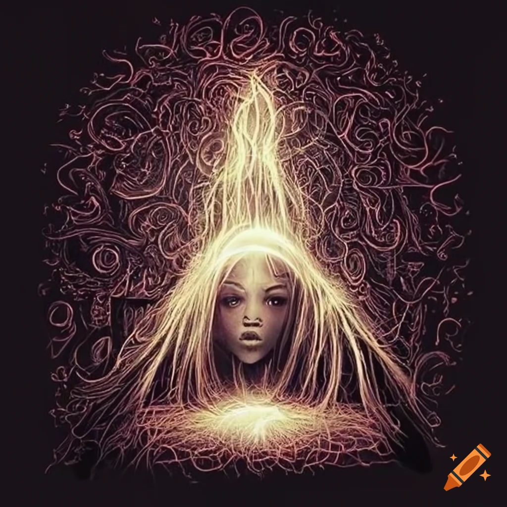 Image of a glowing light surrounded by floating letters on Craiyon