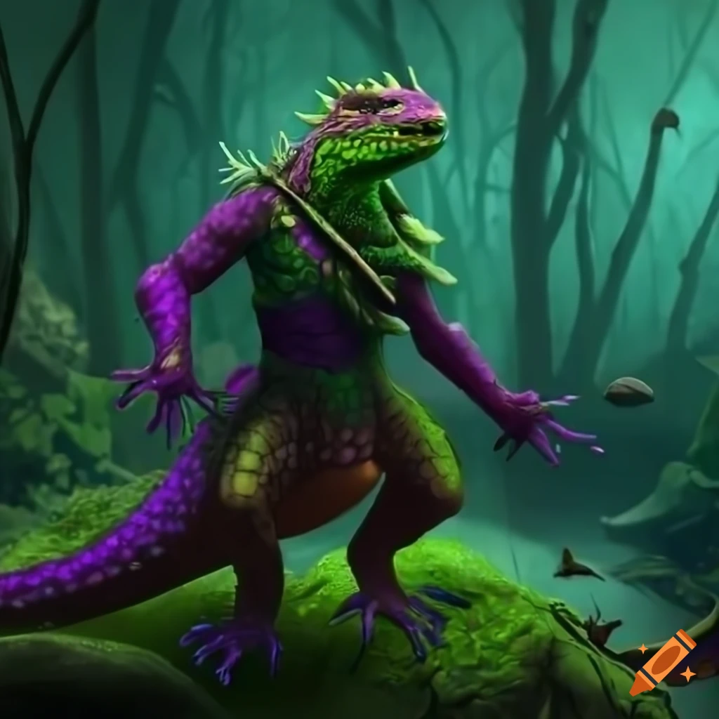 Image of a friendly lizardfolk creature in a dark forest on Craiyon