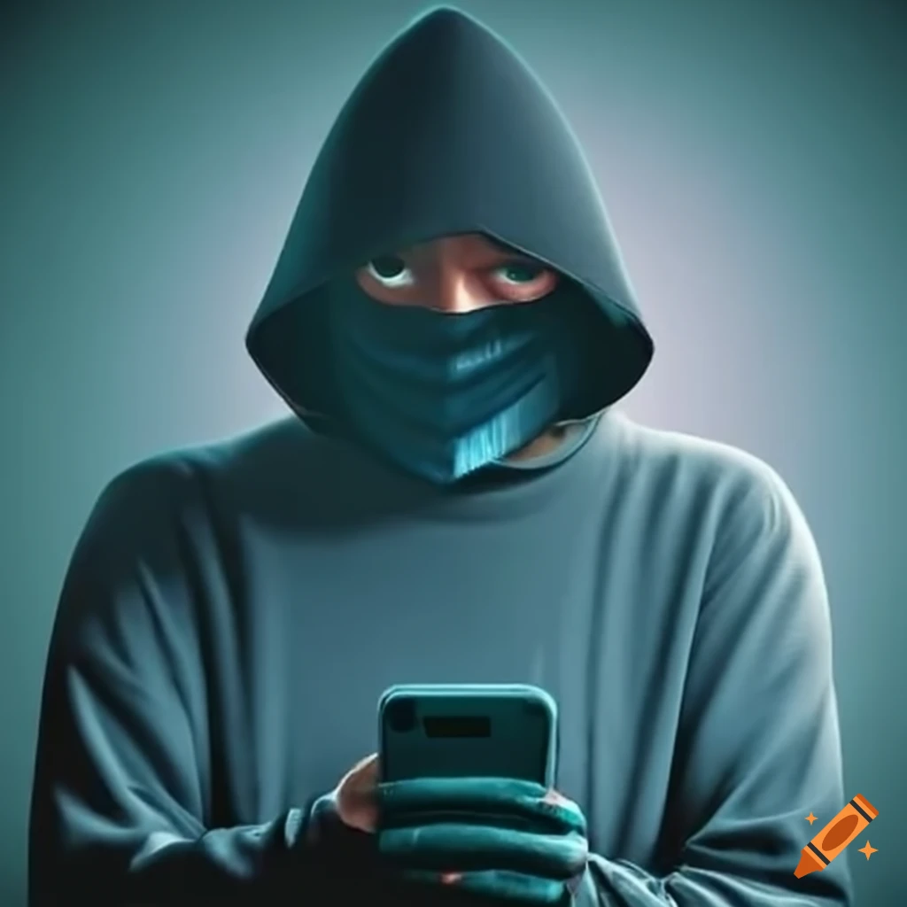 Hacker holding a mobile phone on Craiyon