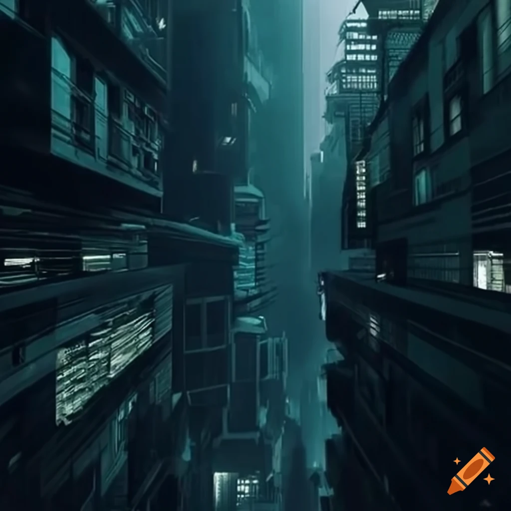 View of a dystopian city from below on Craiyon