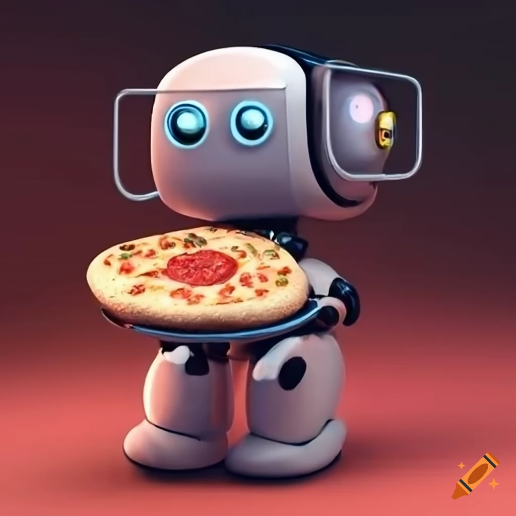 Render of a cute mini robot baking a pizza