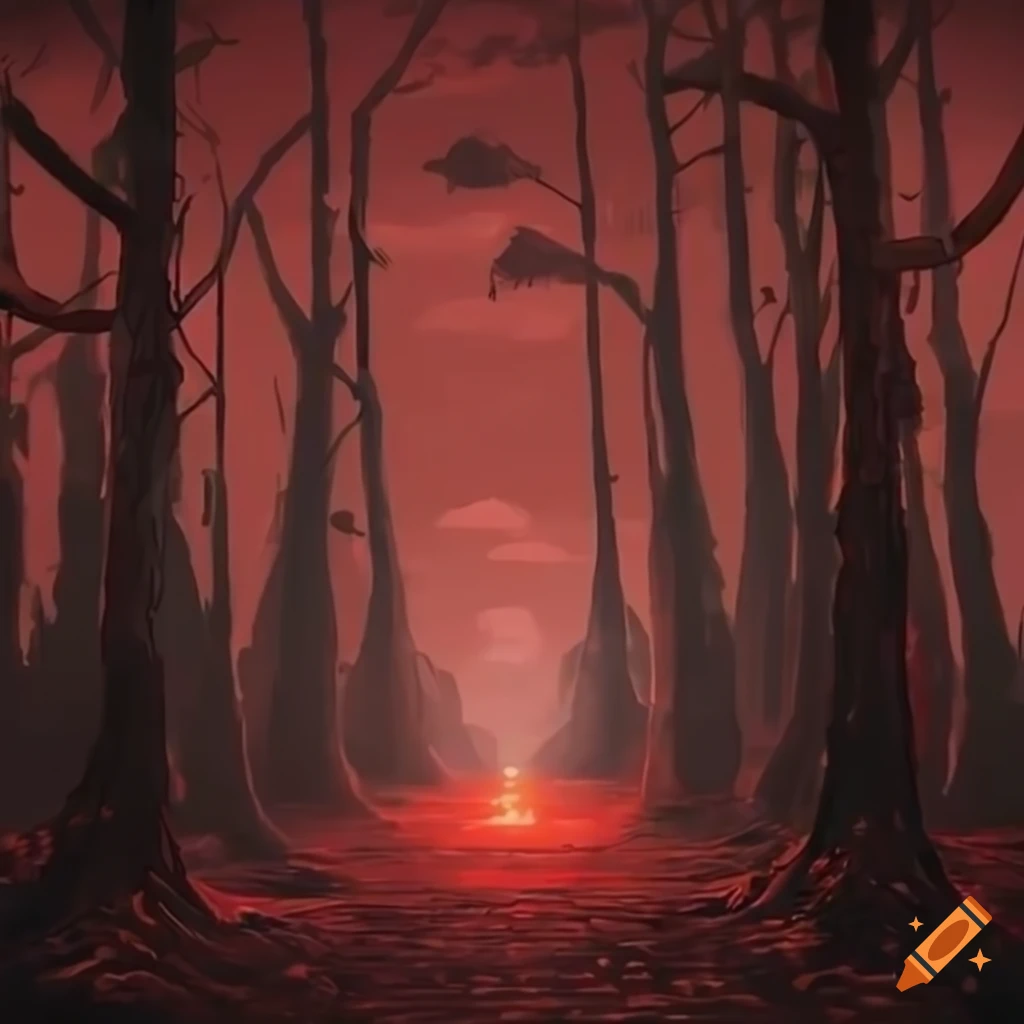 Red forest landscape inspired by Stranger Things on Craiyon