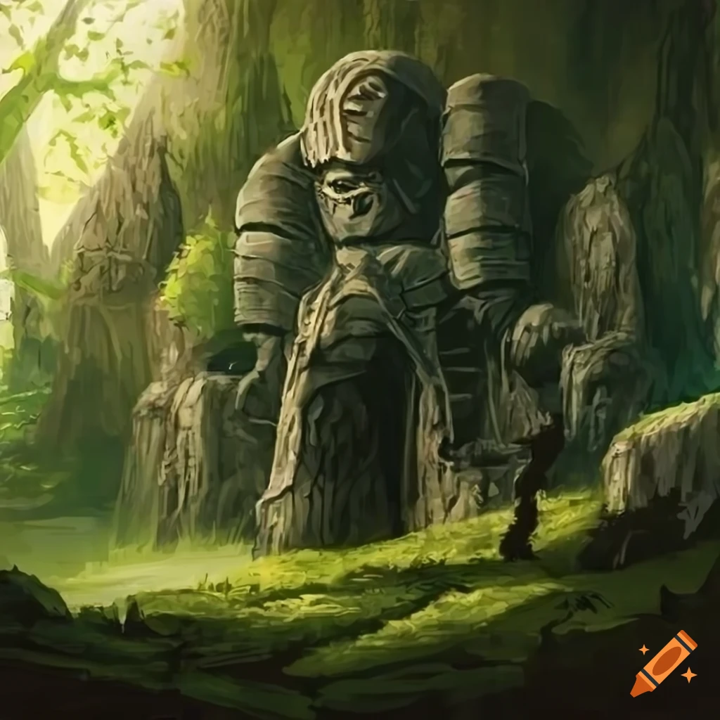 Epic stone effigy of a nature human knight in a forest on Craiyon