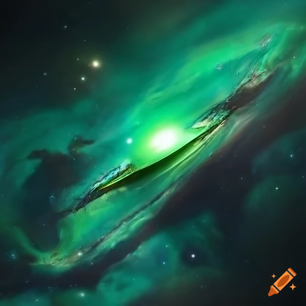 Hyper realistic photo of a spaceship in a green galaxy