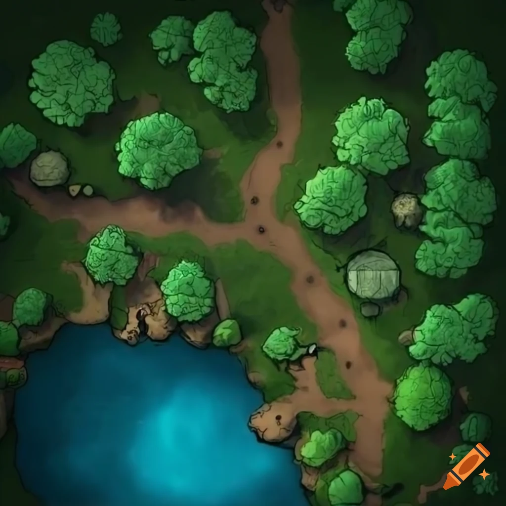 Detailed rpg map of a forest with a cave