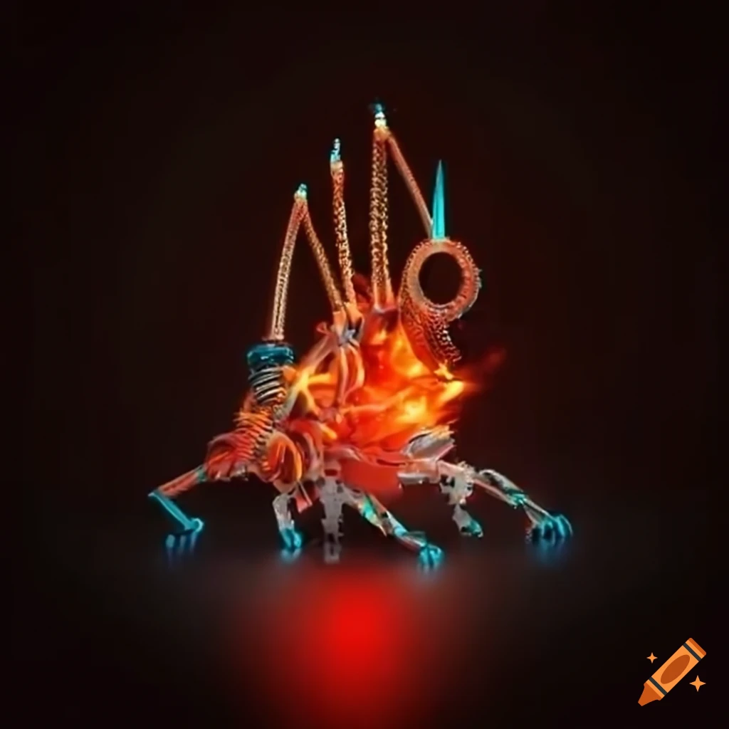 Colorful laser cannon on spider legs shooting flame