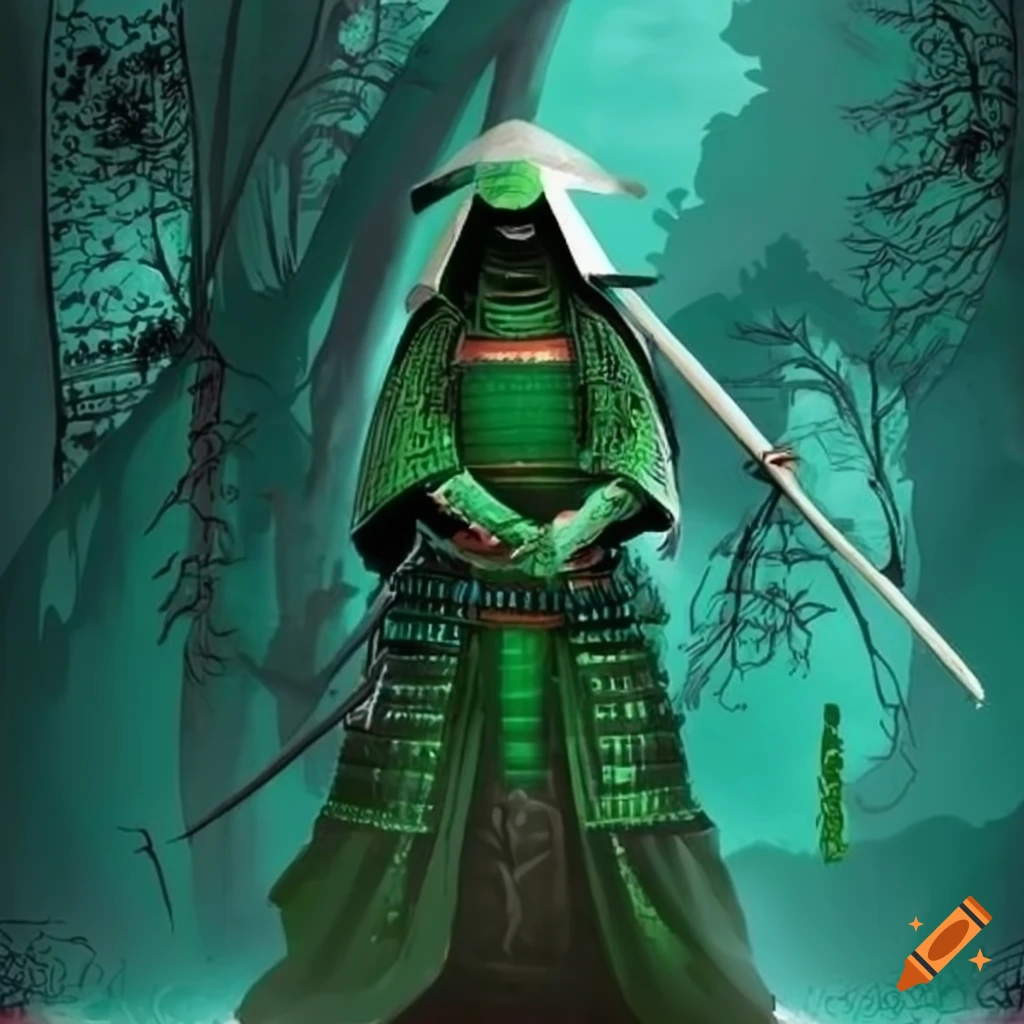 Japanese artwork of a green cloaked samurai on Craiyon