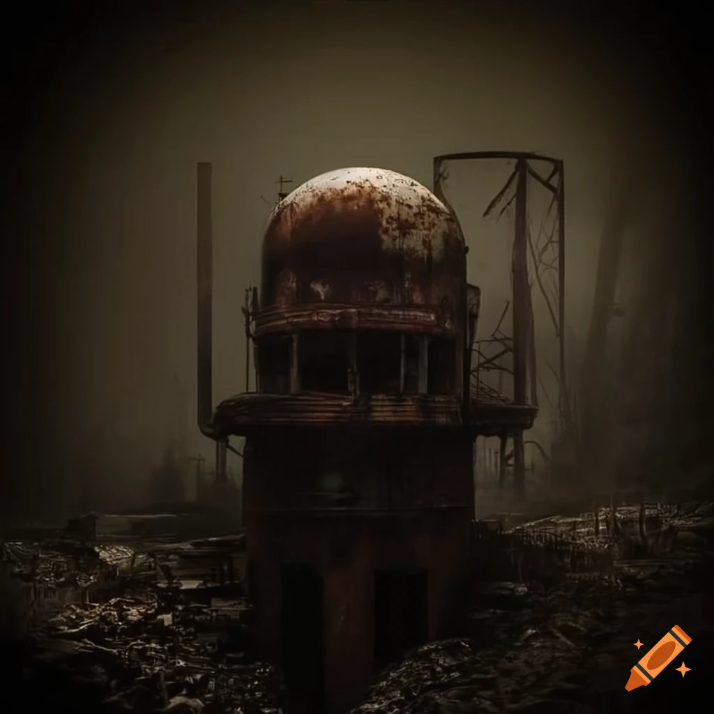 Rusty abandoned industrial complex in the fog