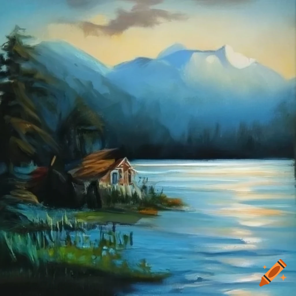 Oil painting of a beautiful lake