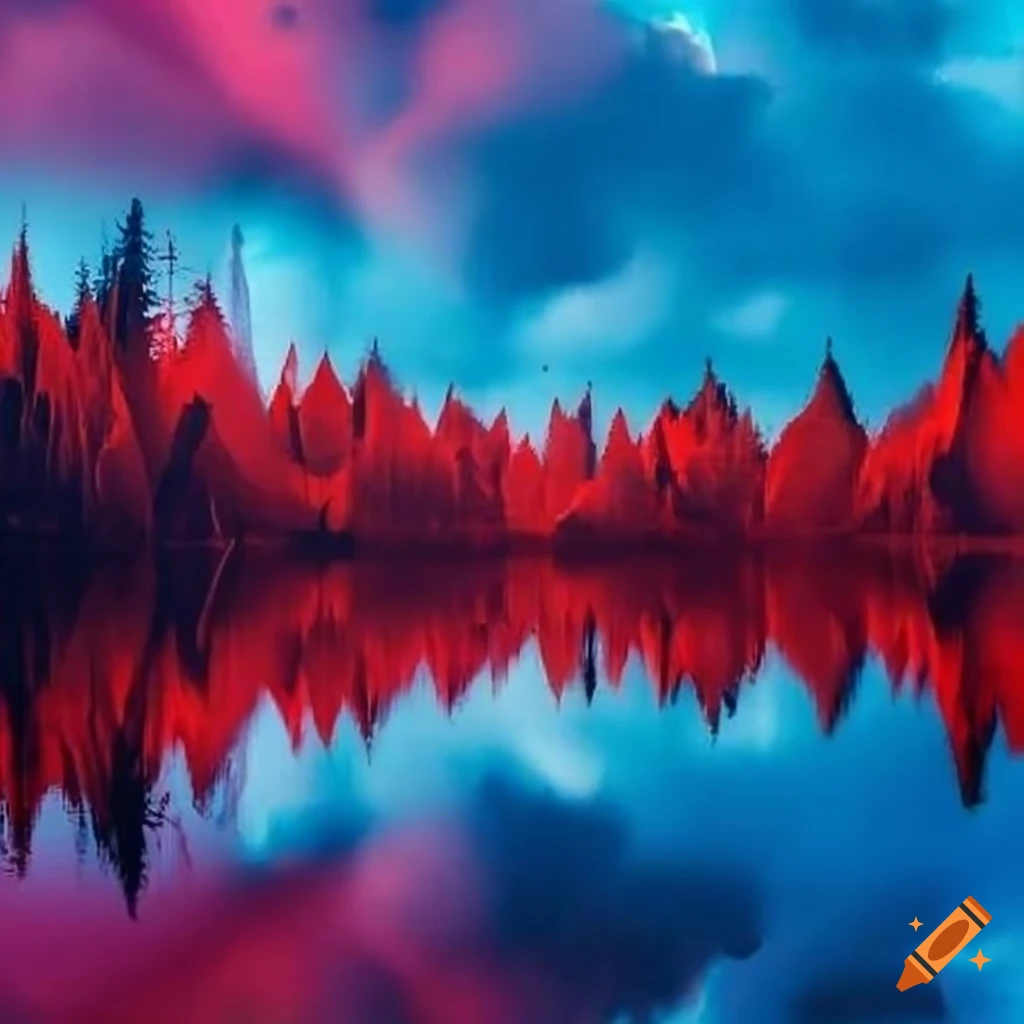 Artistic depiction of a red hell landscape reflecting a blue heaven on ...