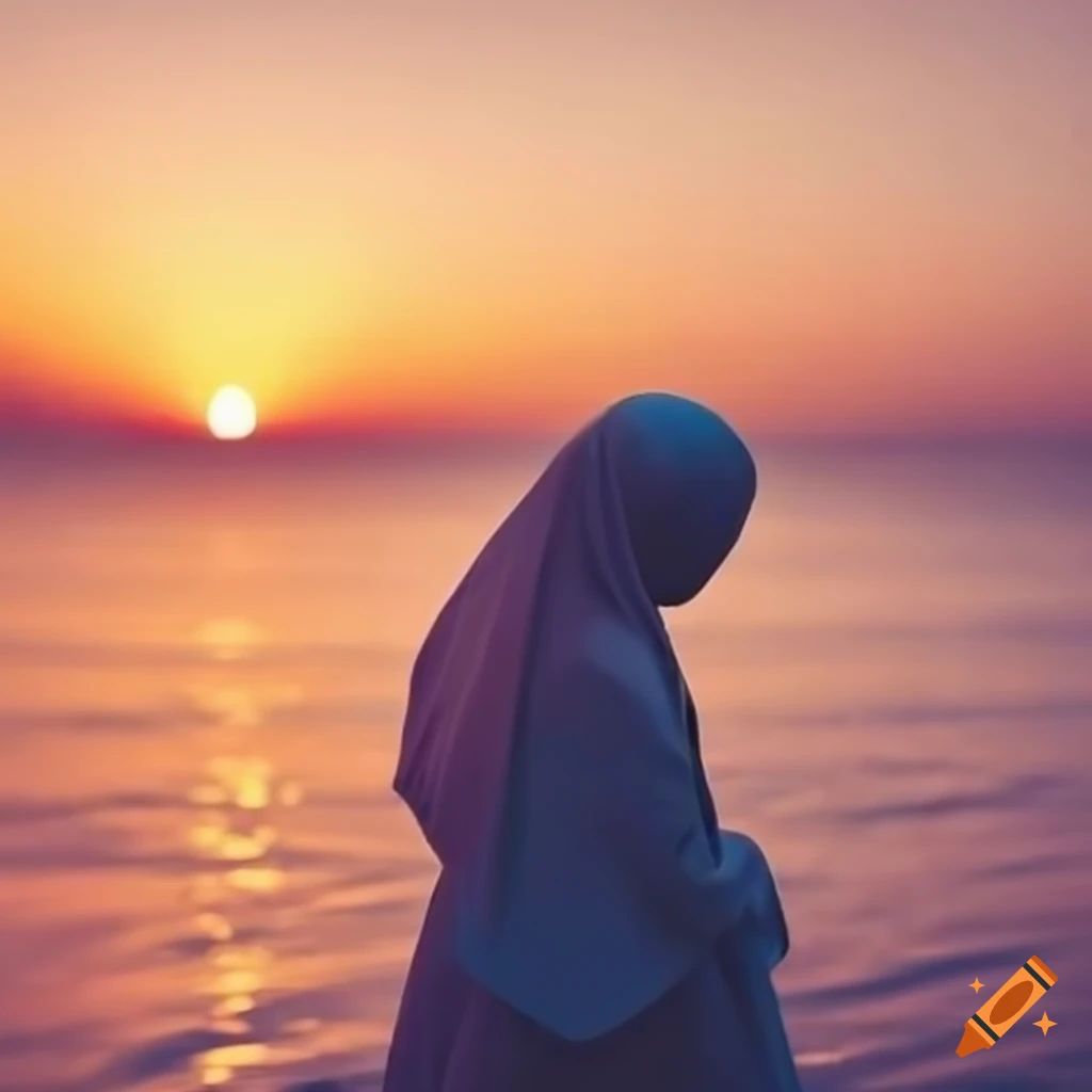 Muslim girl watching sunset over the ocean on Craiyon