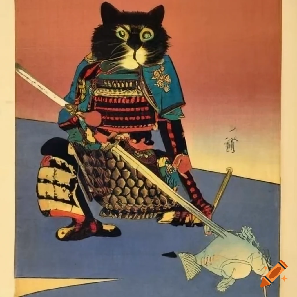 Illustration of a samurai cat with a fish and sword on Craiyon