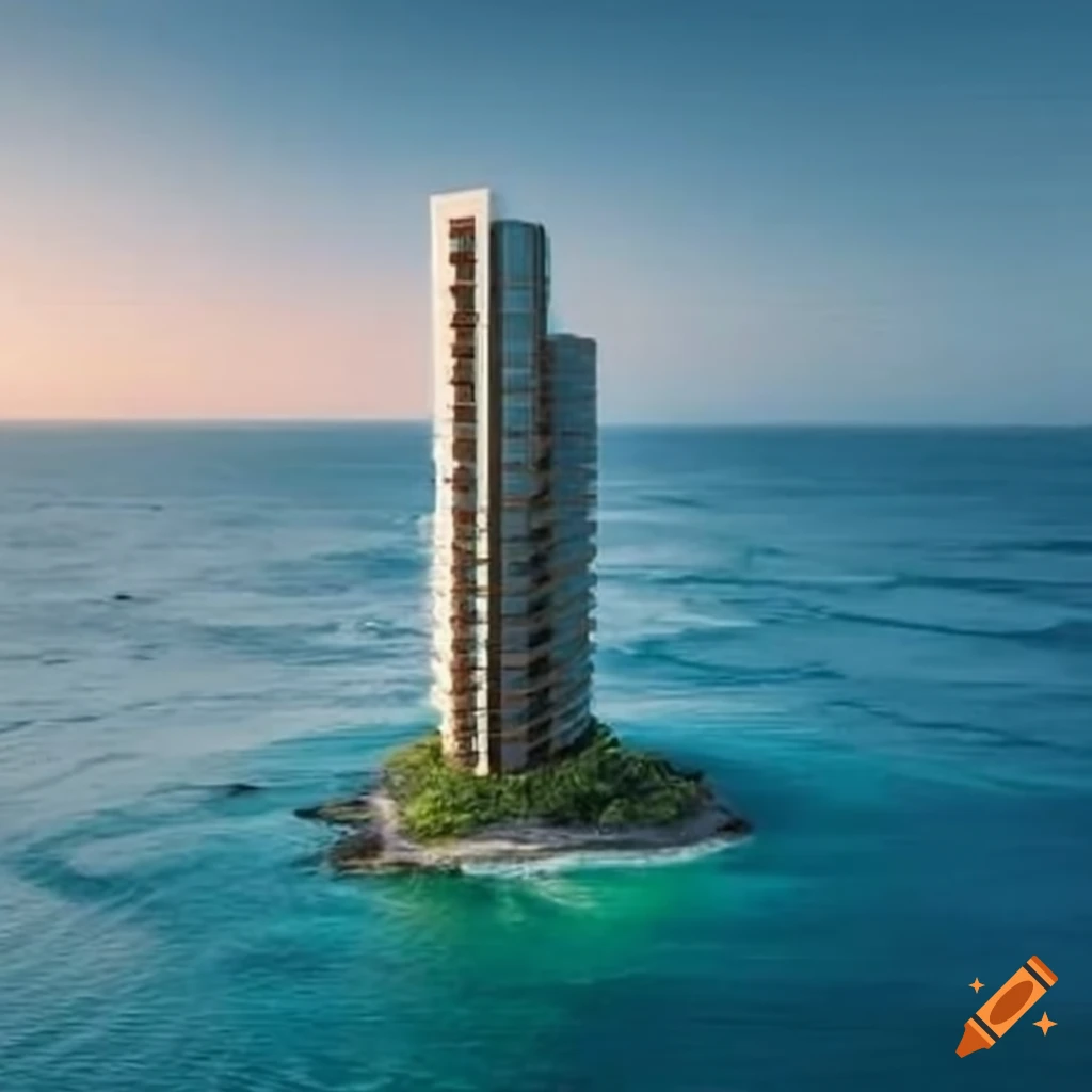 Imagen de un edificio en una isla en medio del mar turbulento on Craiyon