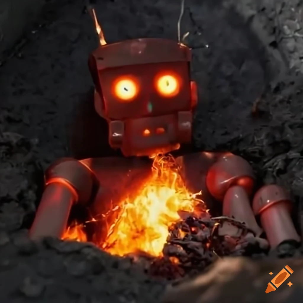 Creepy robot emerging from fiery hole on Craiyon