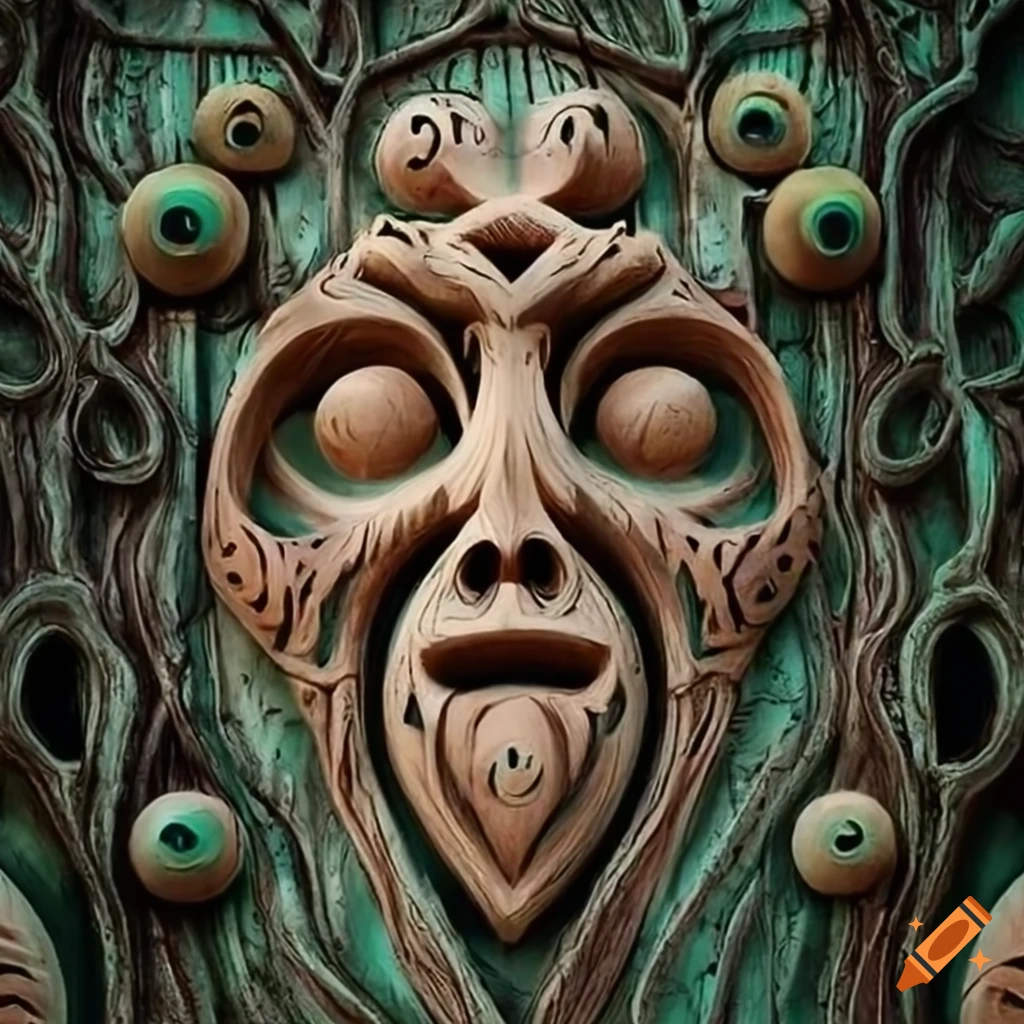 Intricately carved evil spirit symbols on a tree