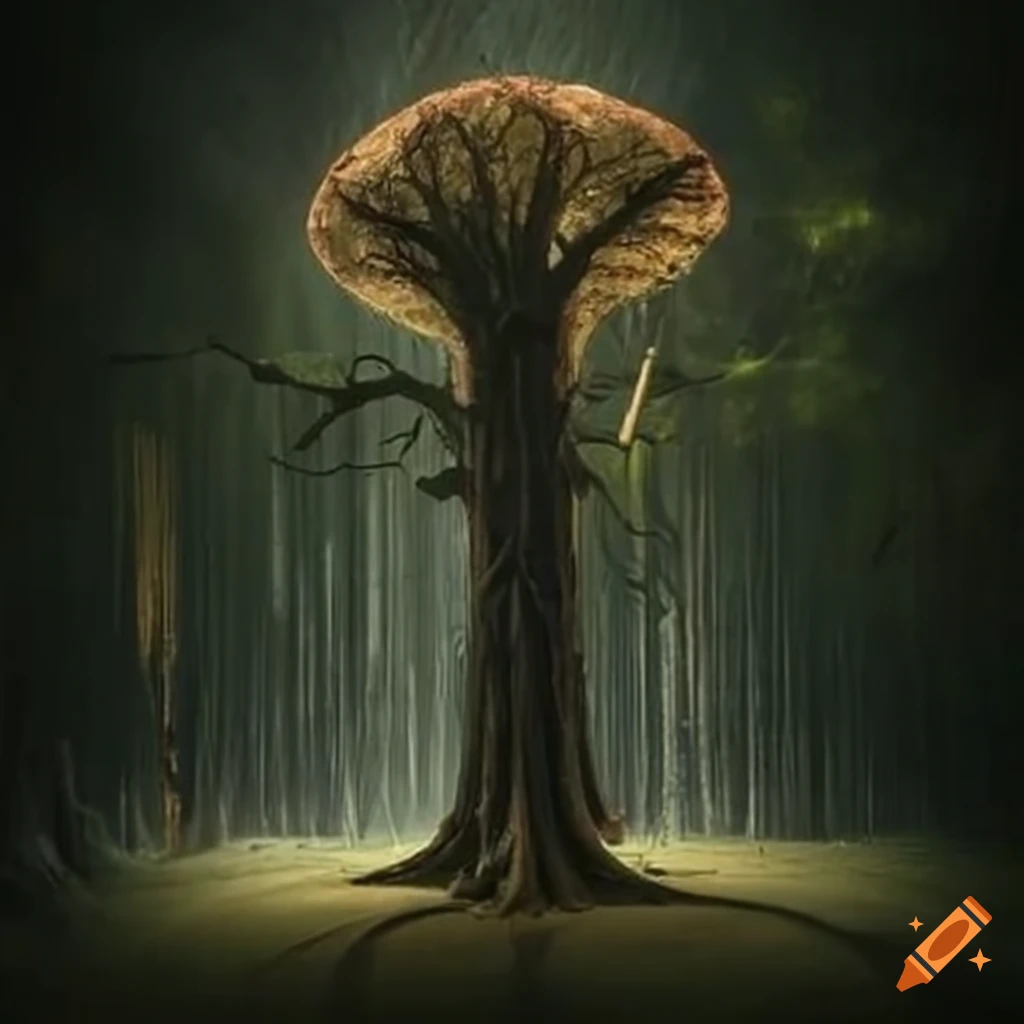 Ancient cave drawings showing a tree defeating monsters on Craiyon