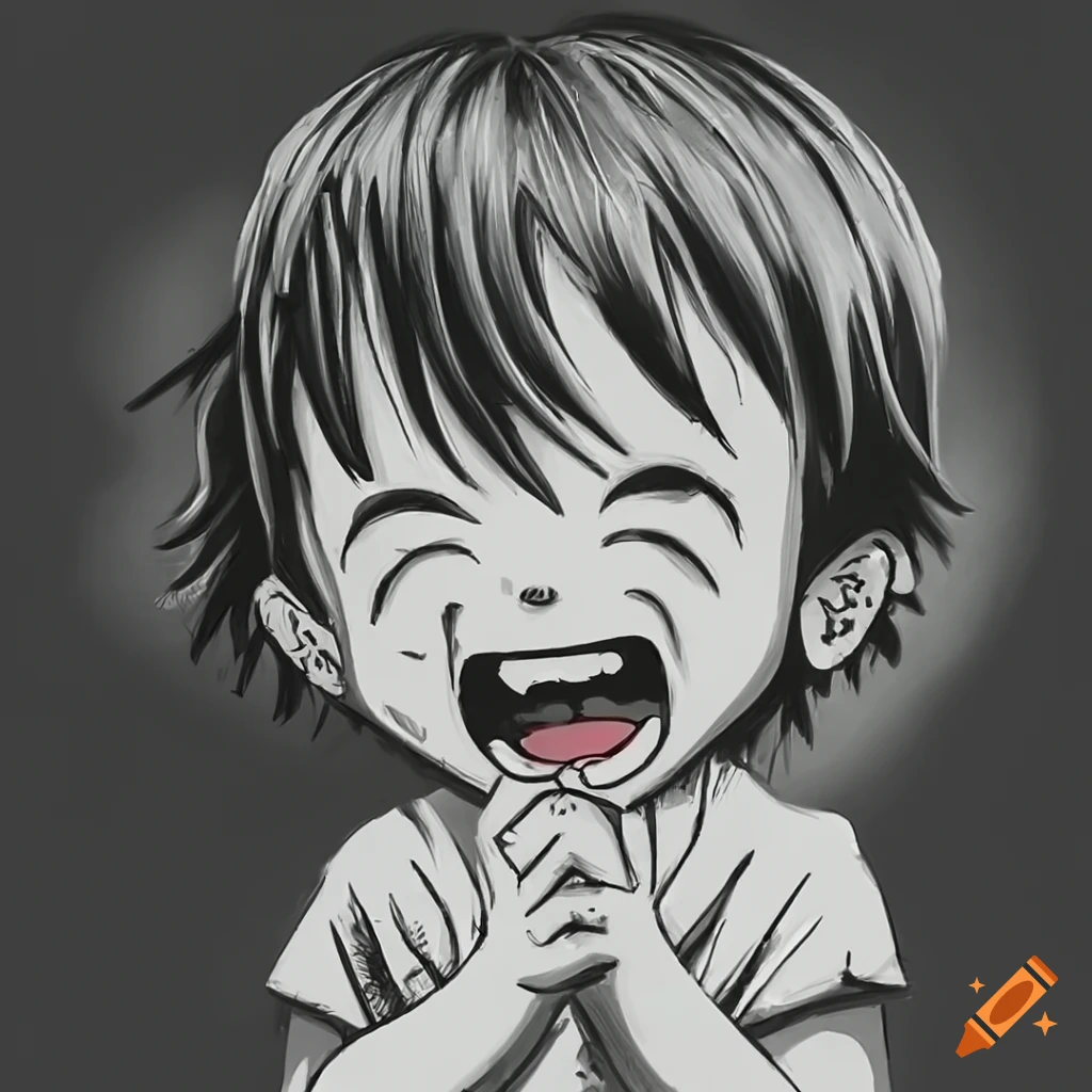 Sketch of a cute kid laughing uncontrollably on Craiyon
