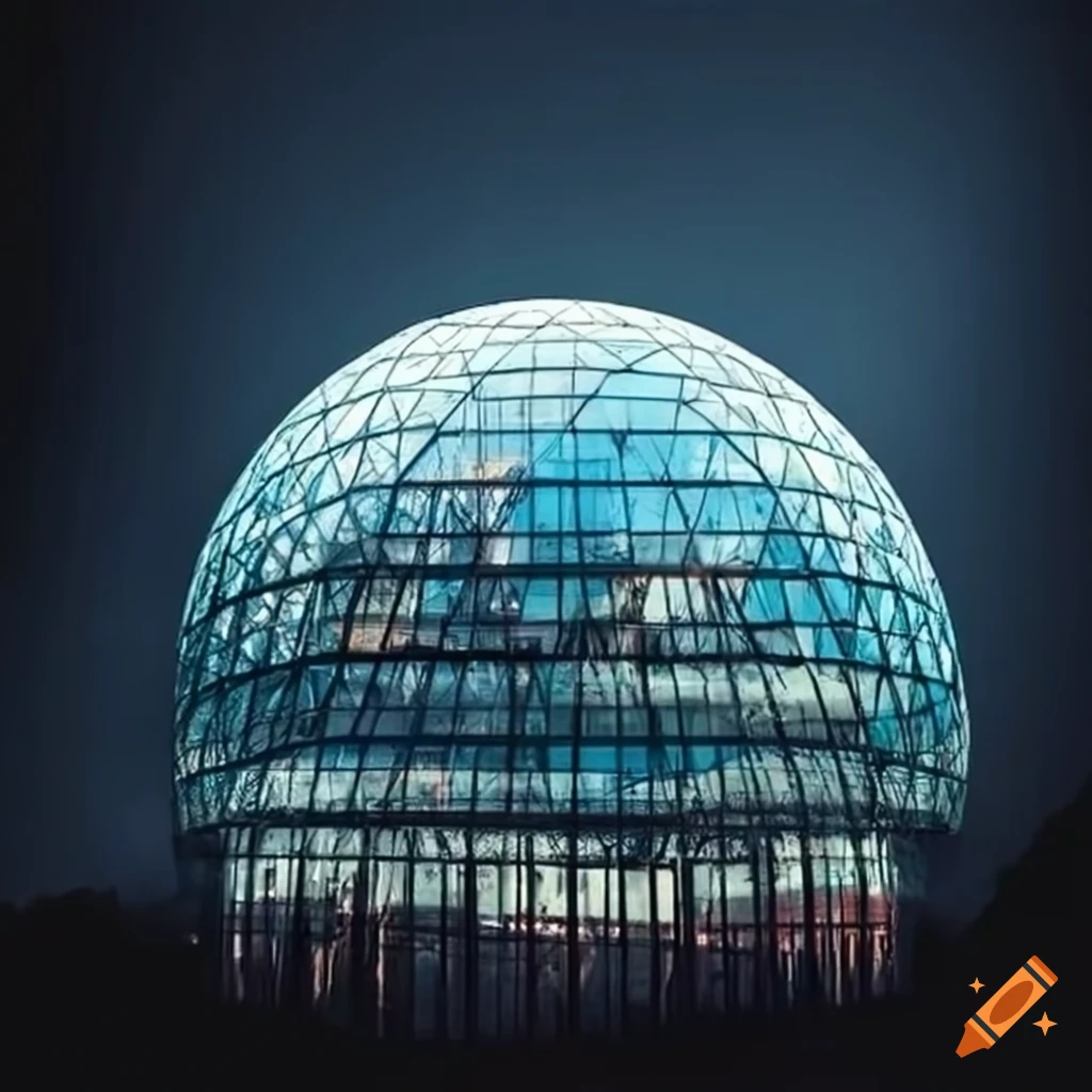 Metal dome enclosing a building on one hemisphere on Craiyon