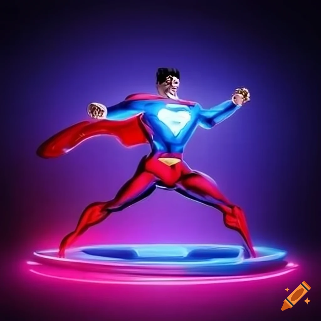 Futuristic neon style superman confidently standing on a podium on Craiyon