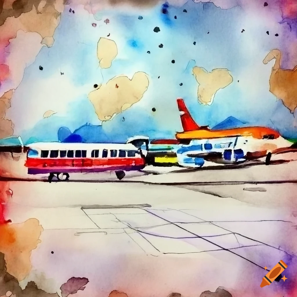 Watercolor painting of an airport with planes and buses on Craiyon