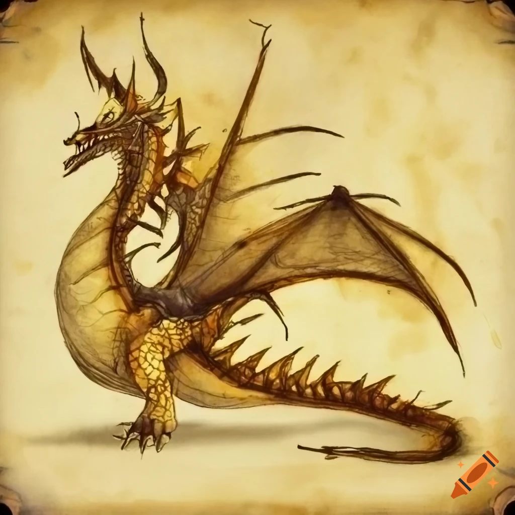 Sketch of a yellow dragon with frills and a spiked tail on Craiyon