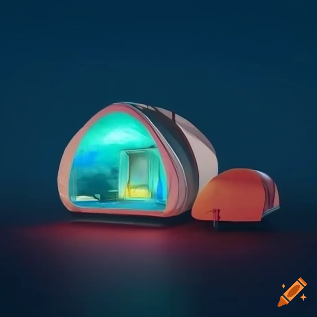 Technical drawing of a Japanese retro futuristic pop-up camper tent on Craiyon