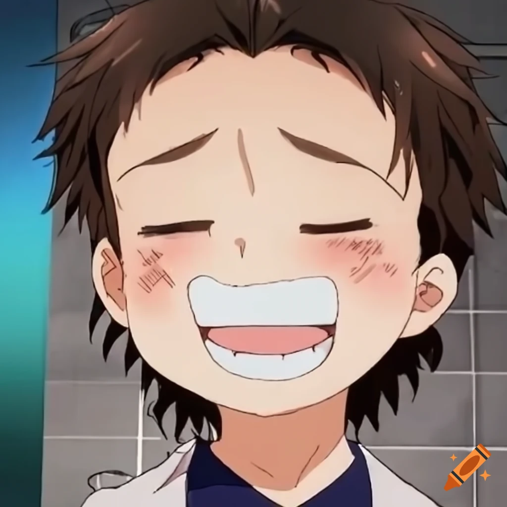 An anime character child smiling unregulary on Craiyon