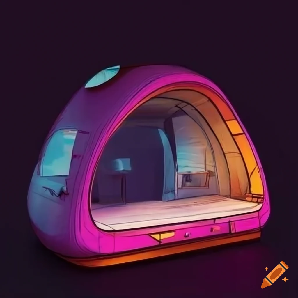Japanese retro futuristic modular pop-up camper tent drawing on Craiyon