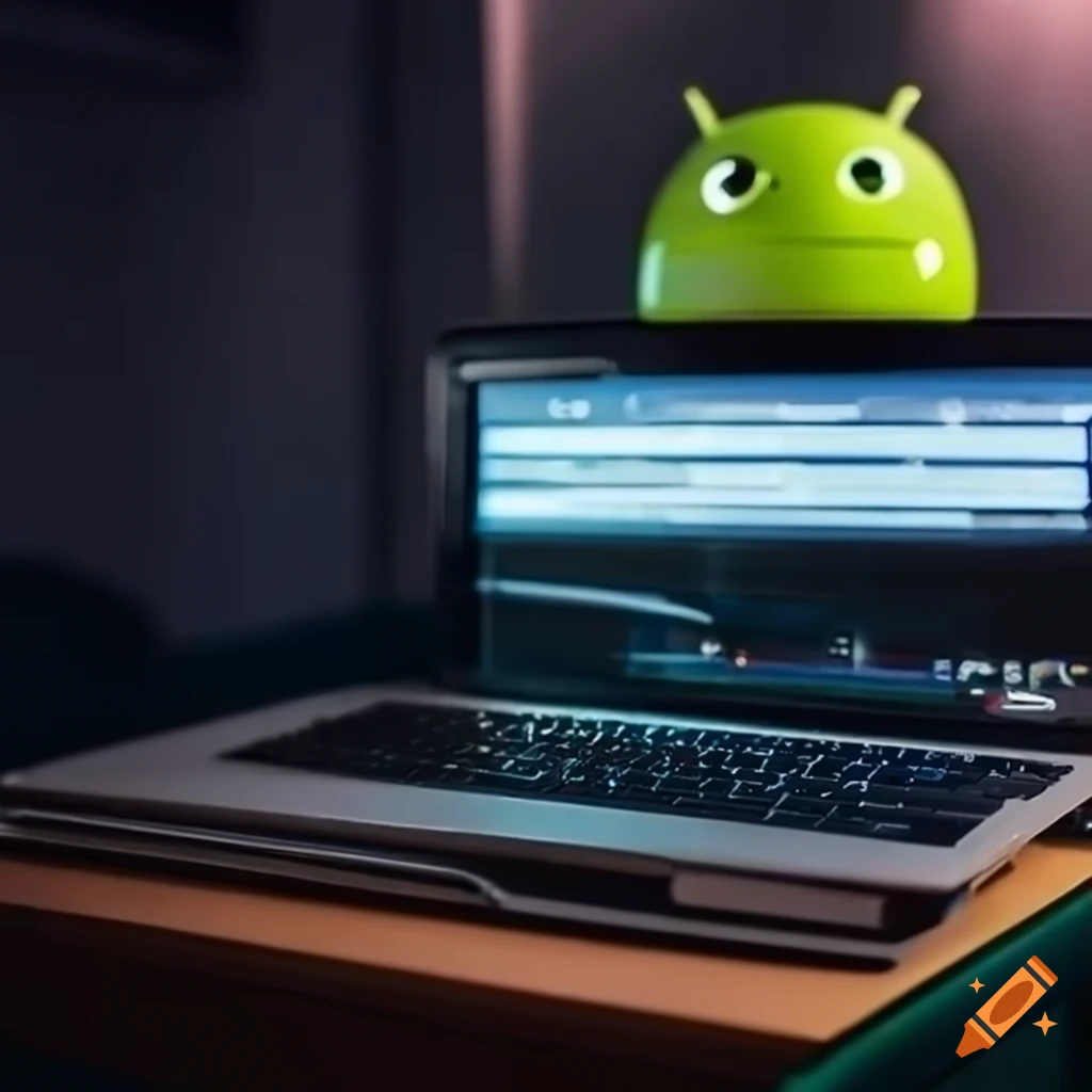 Android developer at work with bugdroid on desk on Craiyon