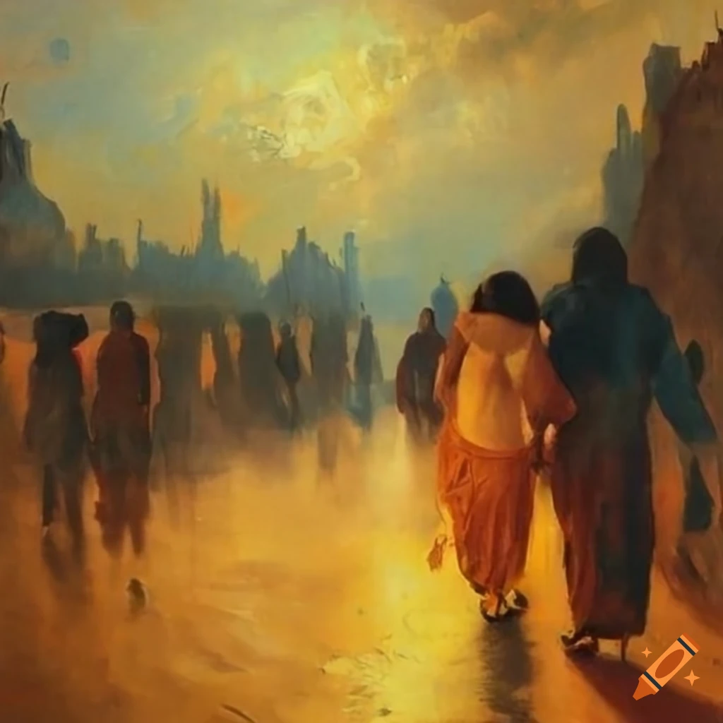 Scenic vintage painting of people migrating on Craiyon