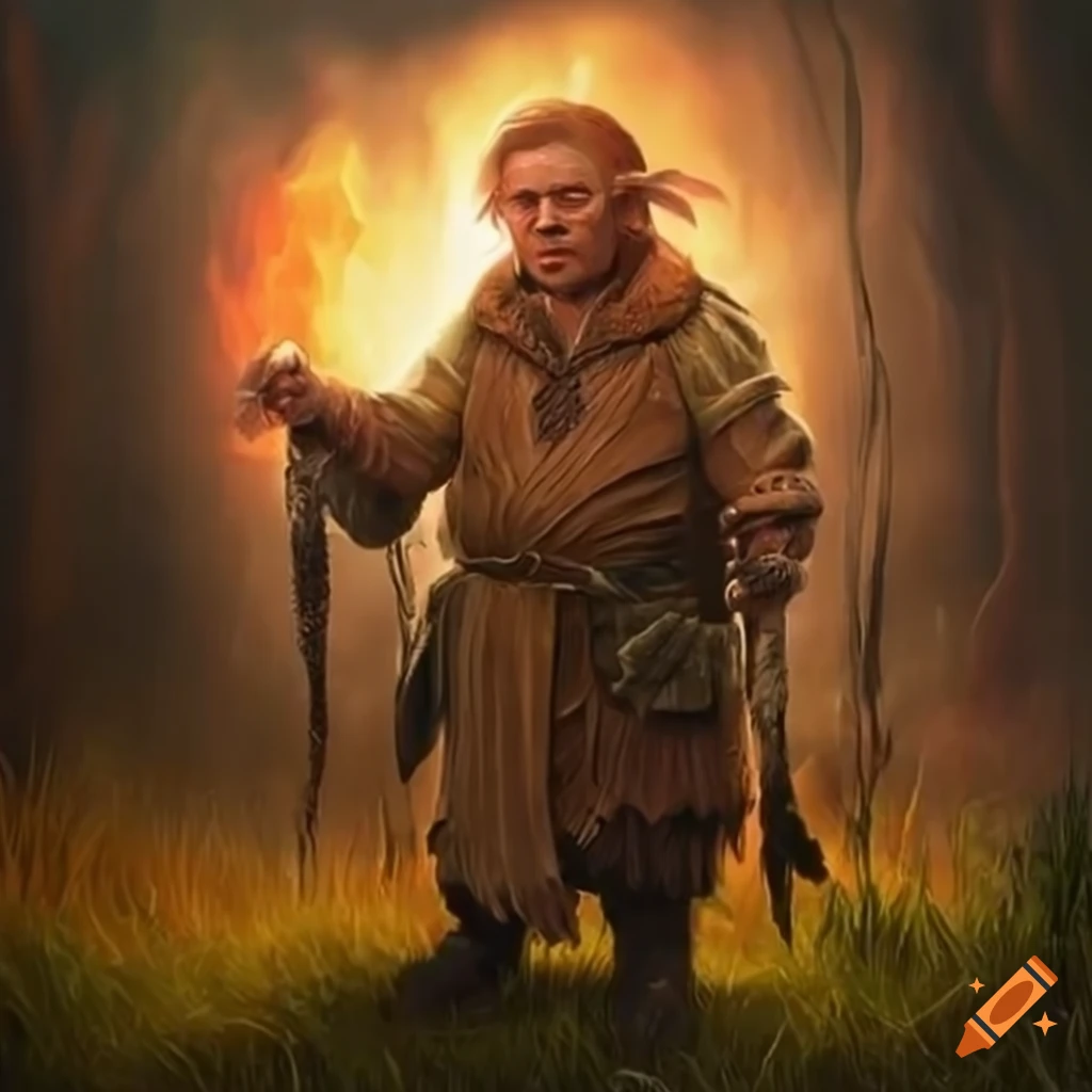 Hyperrealistic painting of a halfling in a meadow fire on Craiyon